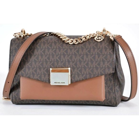 Michael Kors | Bags | Michael Kors Lita Medium Brown Logo Gold Chain Crossbody Satchel Bag Nwt ...